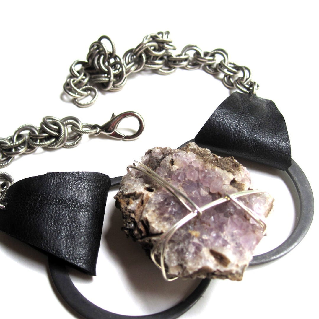 Raw Amethyst, Upcycled Leather & Car Parts Geode Necklace / One of a ...