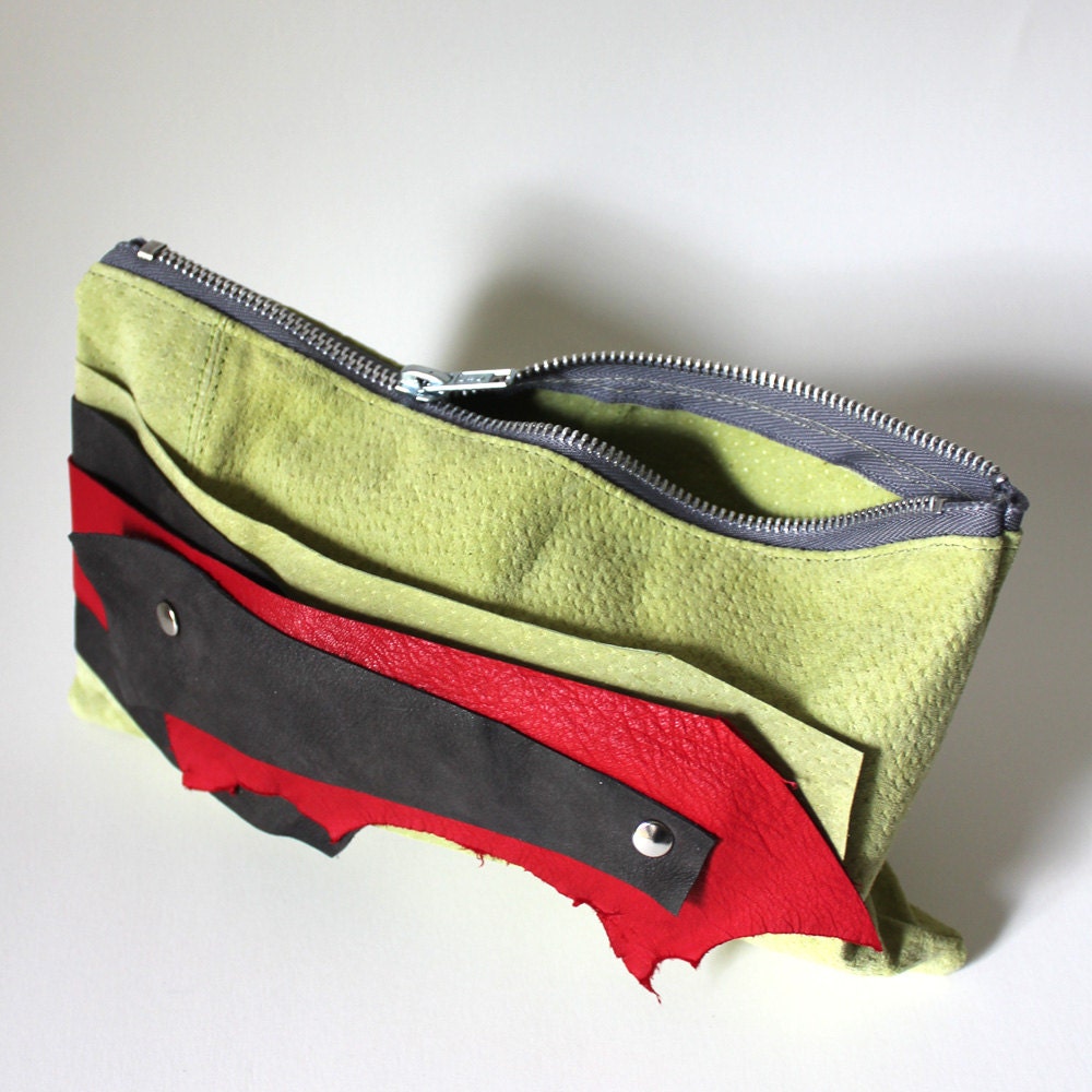 Chartreuse Red and Charcoal Gray Leather Wrist Clutch - Etsy