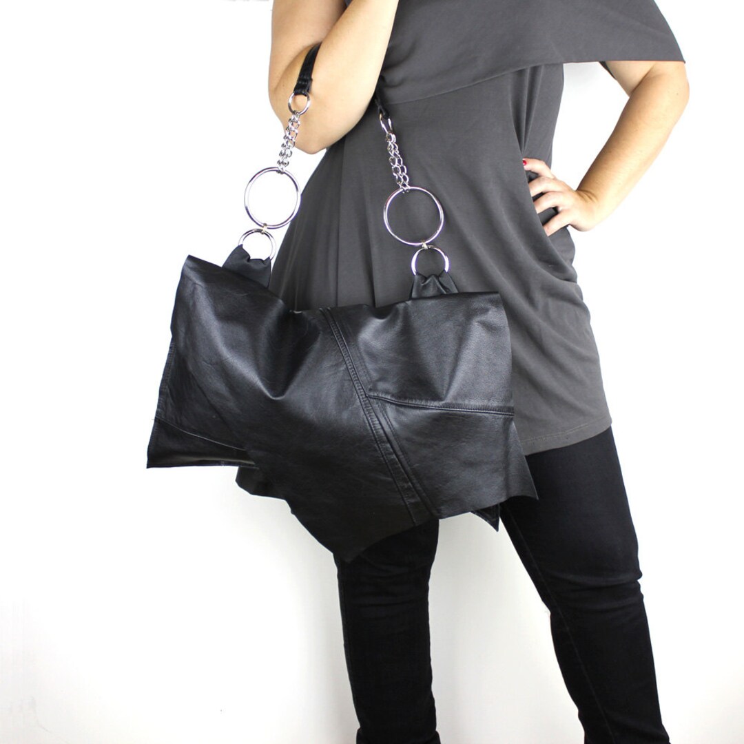 Large Black Leather Jett Handbag With Shoulder Strap - Sustainable Made ...