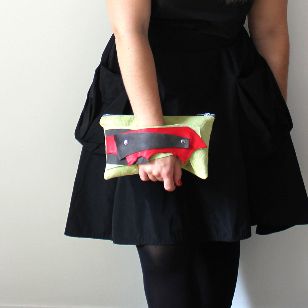Chartreuse Red and Charcoal Gray Leather Wrist Clutch - Etsy