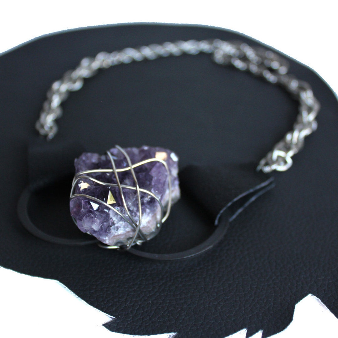 Raw Amethyst, Upcycled Leather & Car Parts Geode Necklace / One of a ...