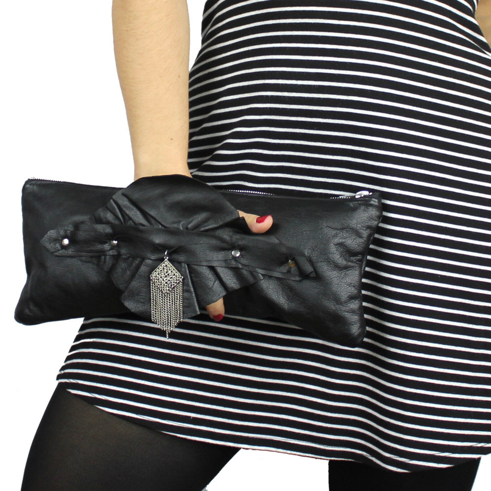 Black Leather Ruffle Wrist Clutch With Silver Chain Tassel - Etsy