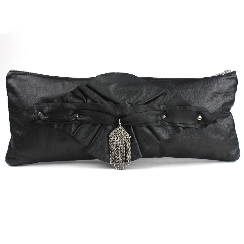 Black Leather Ruffle Wrist Clutch With Silver Chain Tassel - Etsy