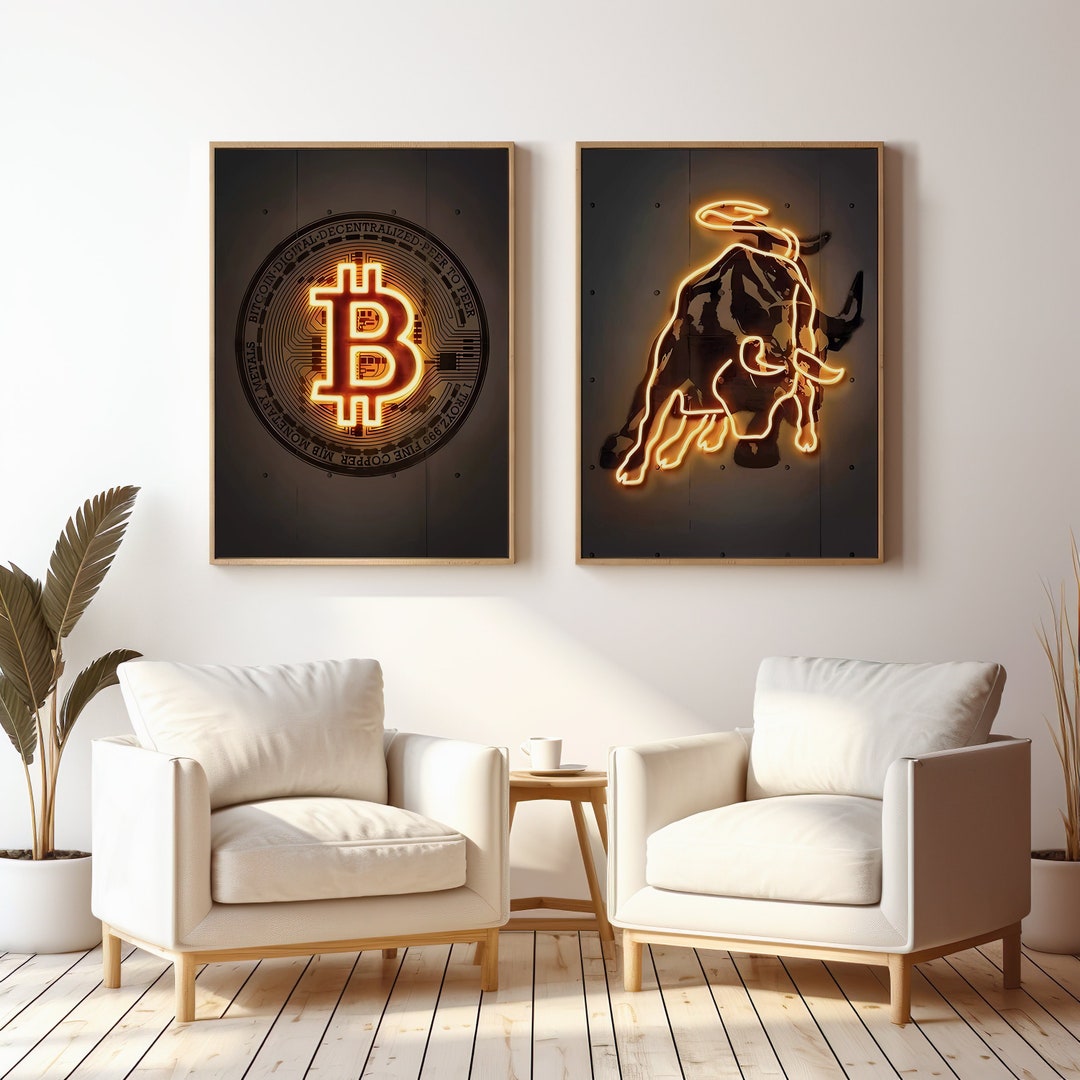 Bitcoin Poster Set, Neon Bitcoin and Bull Motif, Unique Artwork, Crypto ...