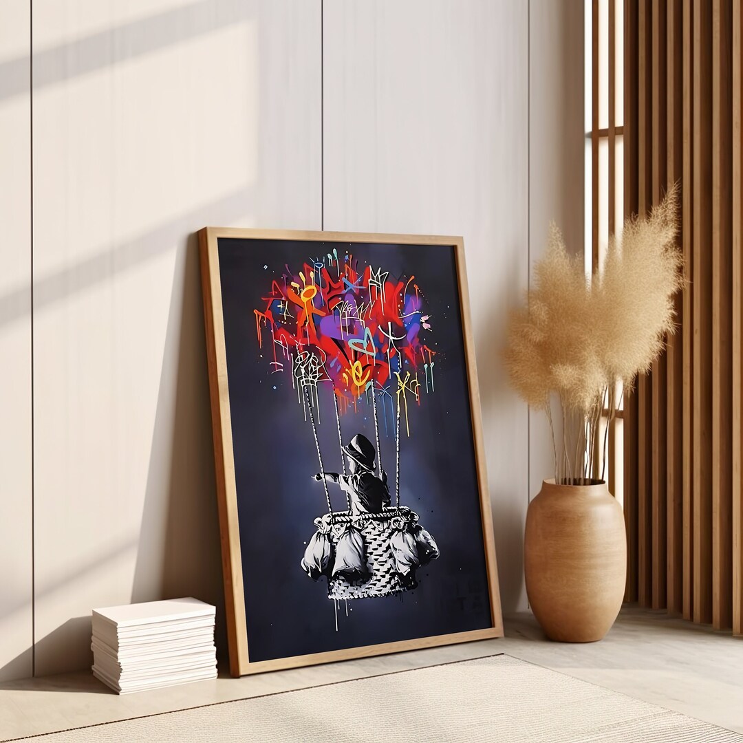Banksy Street Art Poster: Boy With Graffiti Writing as Hot Air Balloon ...