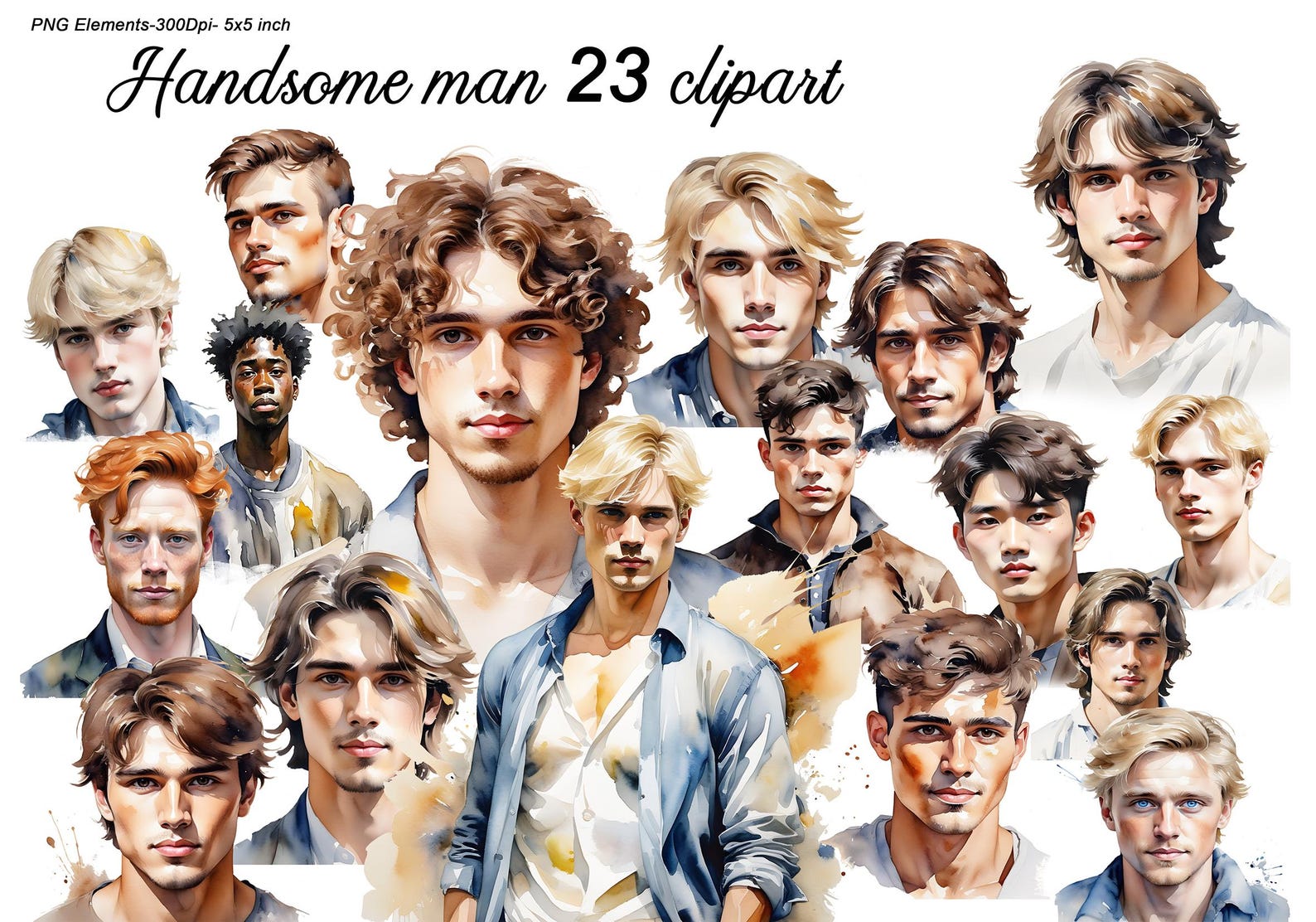 23 Watercolor Handsome Men Clipart Bundle, Men Clipart, Man Portrait ...