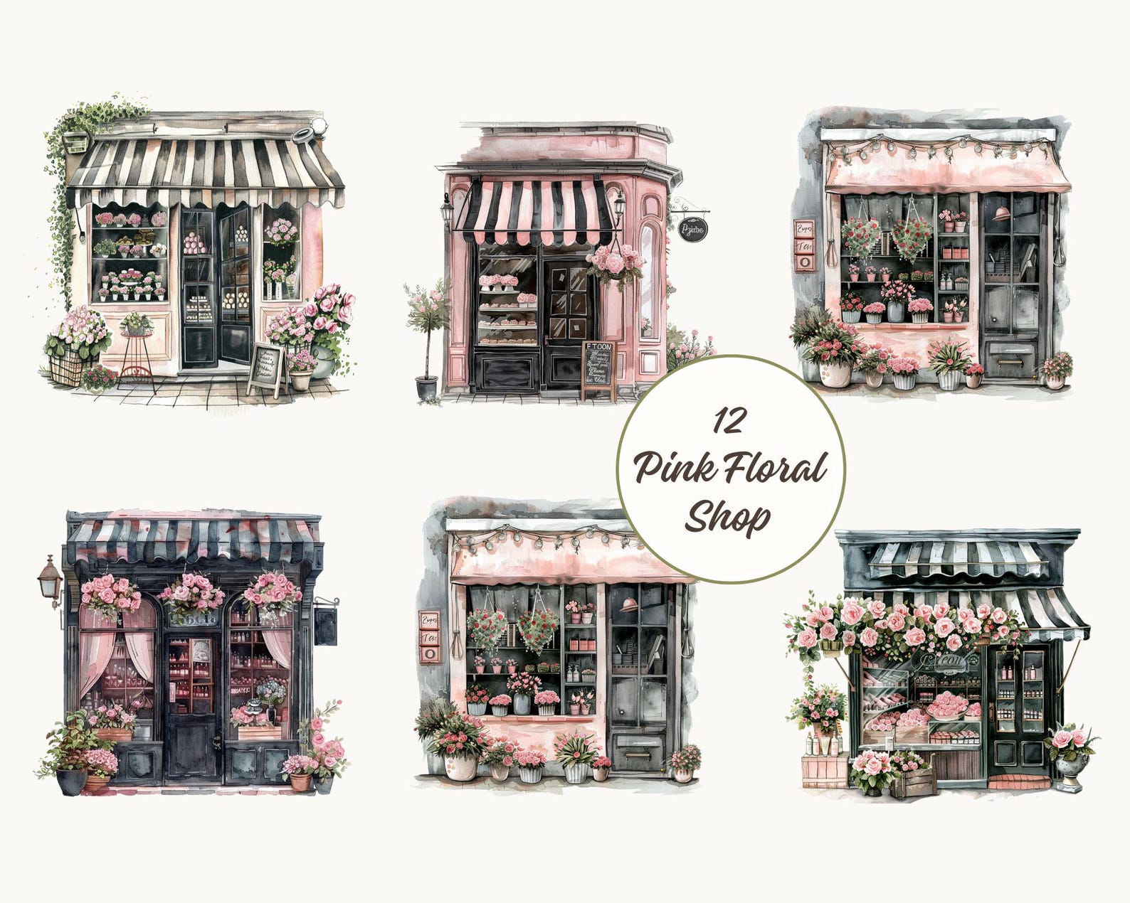 12 Watercolor Pink Flower Shop Collection Clipart, 12 PNG Flower Shop ...