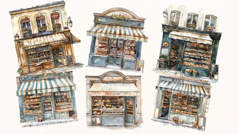 Watercolor Bakery Storefronts Clipart, Bakery Shop, PNG Format, Instant ...