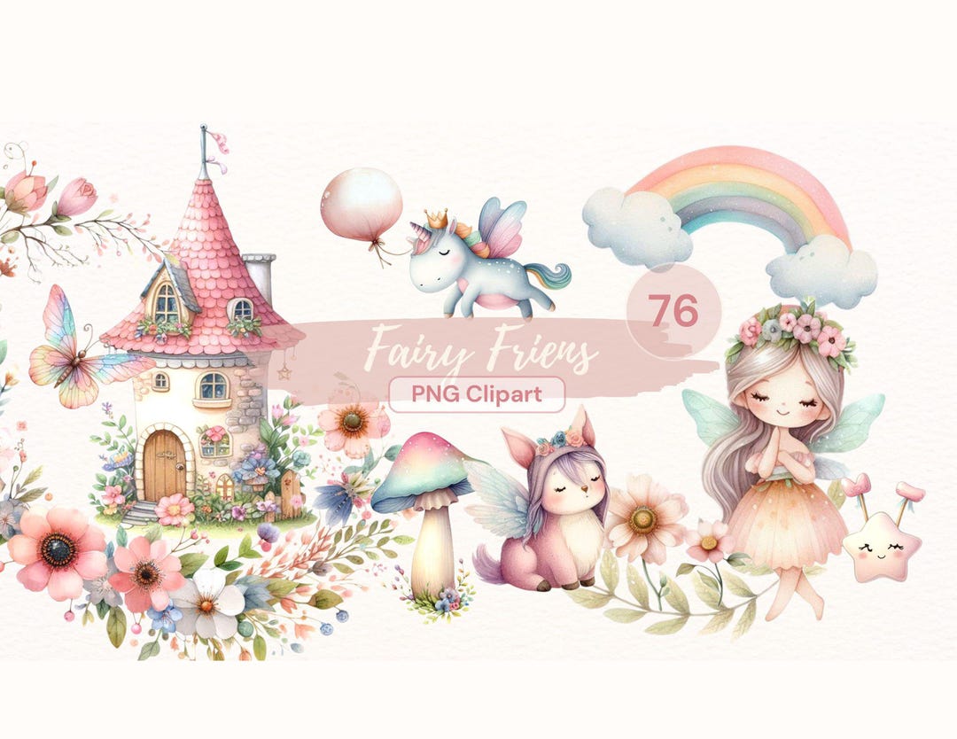 76 Fairy Friends Clipart Set, 76 High Quality Watercolor Pngs-craft ...