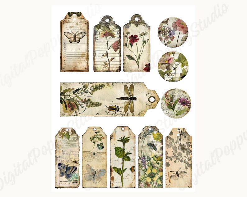 145+ Botanical Tags & Labels, Printable Junk Juornal, Flower Collage ...