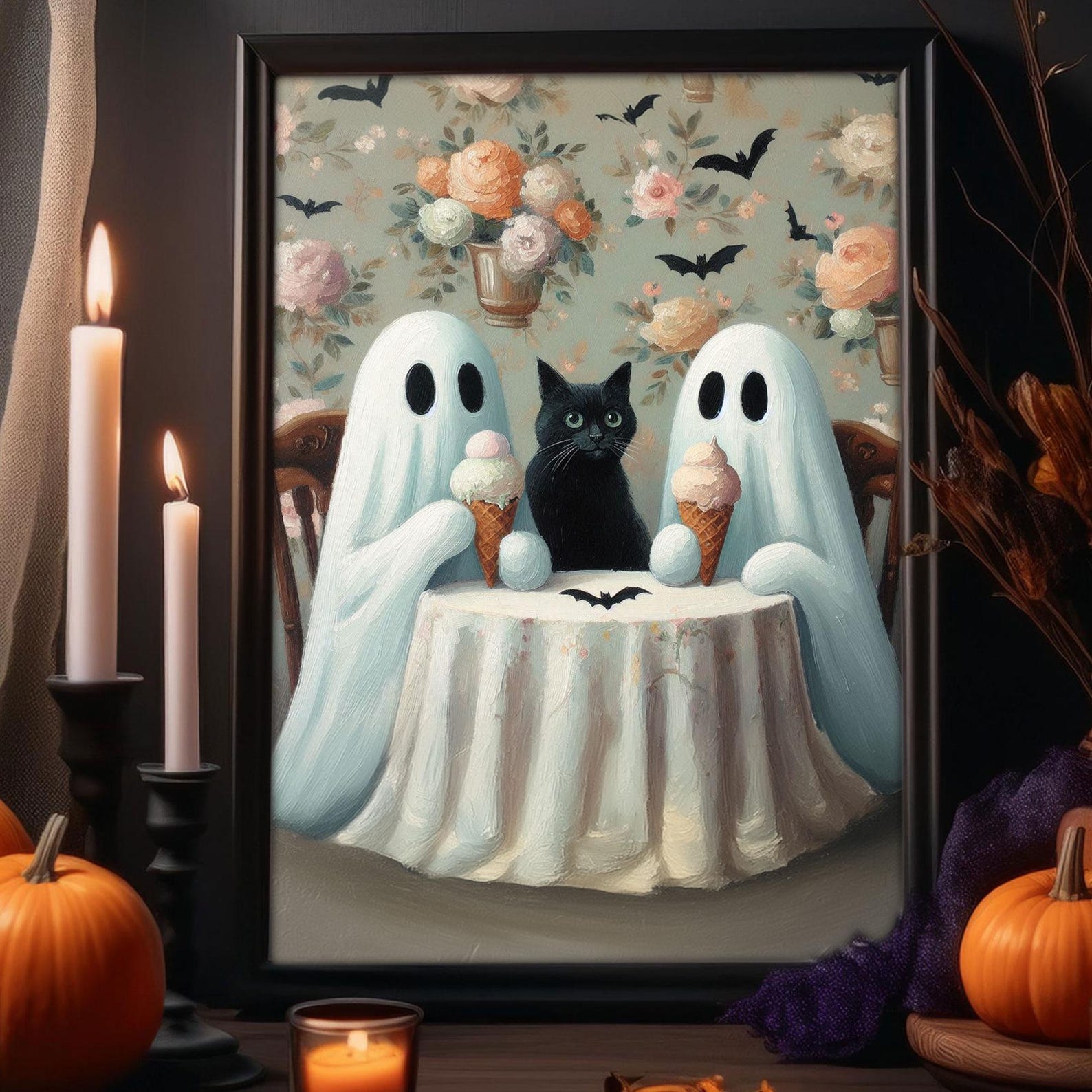 Cute Two Spooky Ghosts Eating Ice Creams With Black Cat Art Print ...