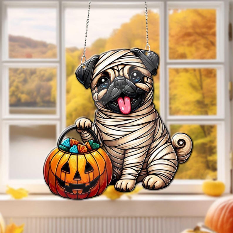 Halloween Pug Mummy Acrylic Window Hanging, Pug Decoration, Dog Lovers ...