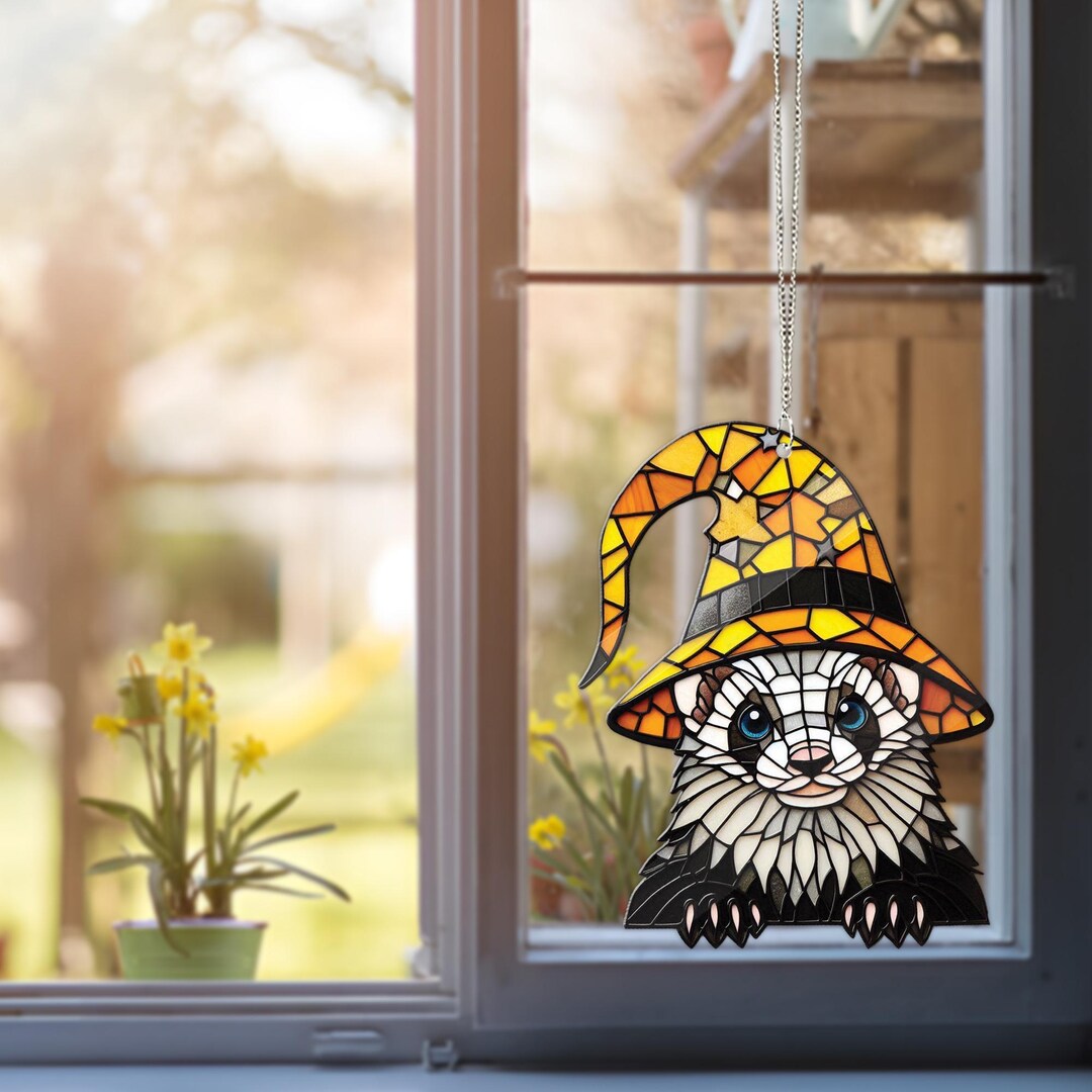 Halloween Ferret Peeking Acrylic Window Hanging, Cute Ferret Decor ...