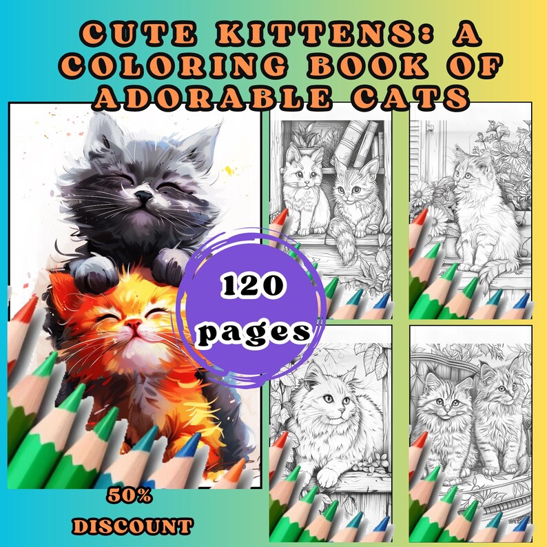 Bundle 120 Charming Kittens Coloring Page, Cute for Kids Coloring ...
