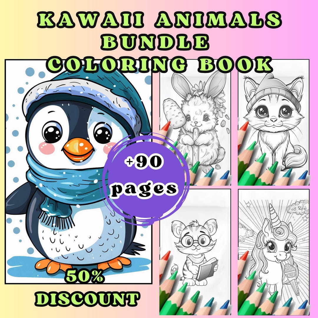 Bundle 90 Kawaii Animals Coloring Pages, Simple Coloring Pages, Kawaii ...