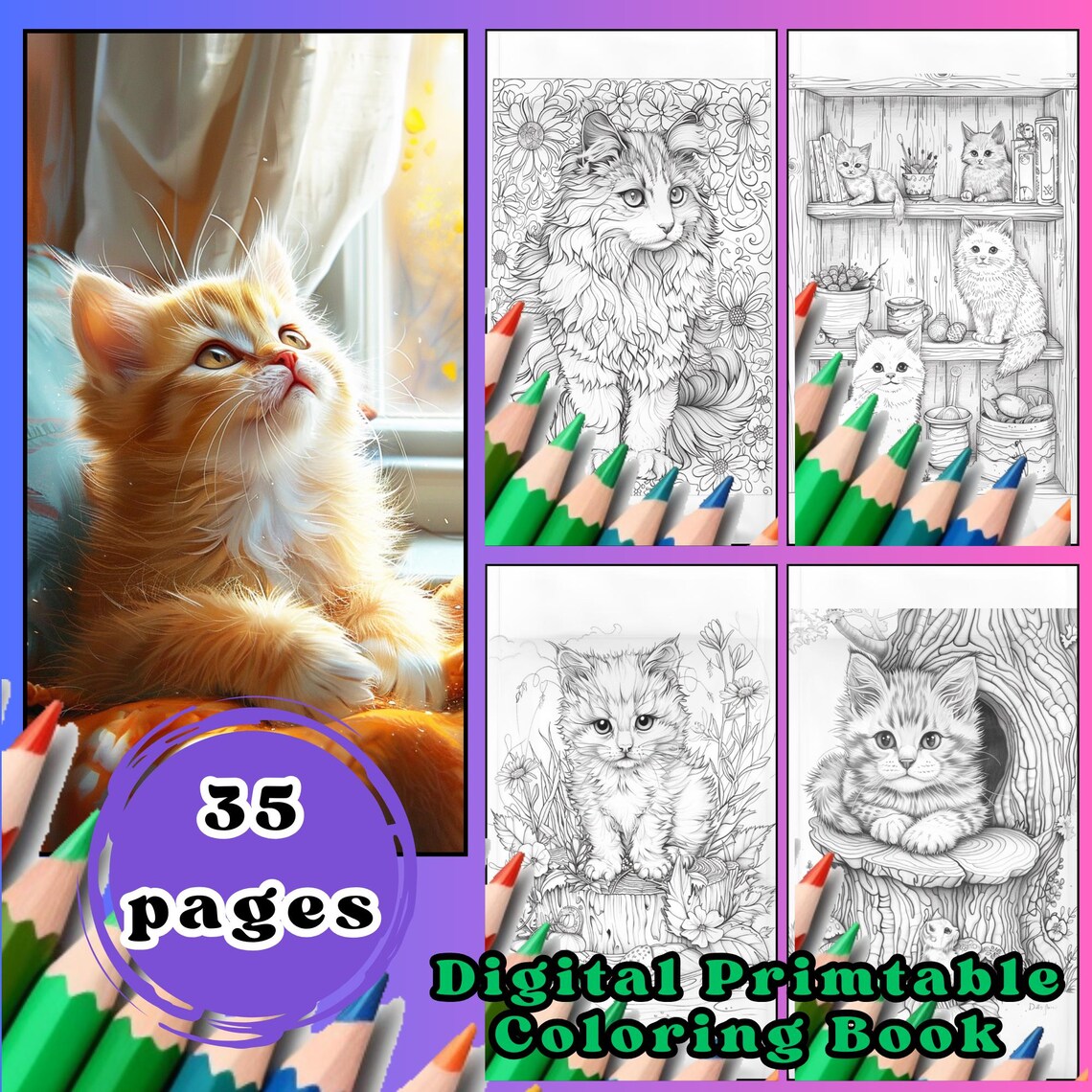 35 Charming Kittens Coloring Page, Cute for Kids Coloring Sheets, Cat ...