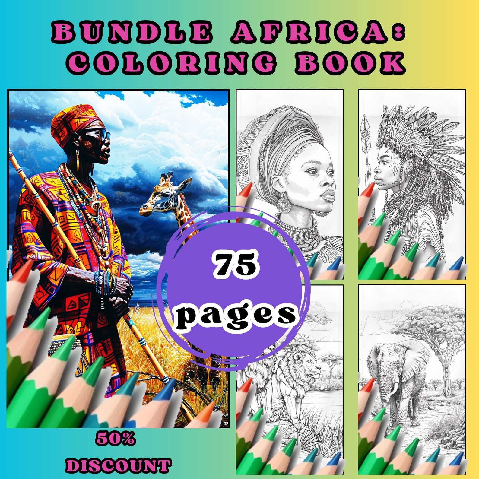 Bundle 75 Africa Coloring Pages, Adults Coloring Pages, African Animals ...