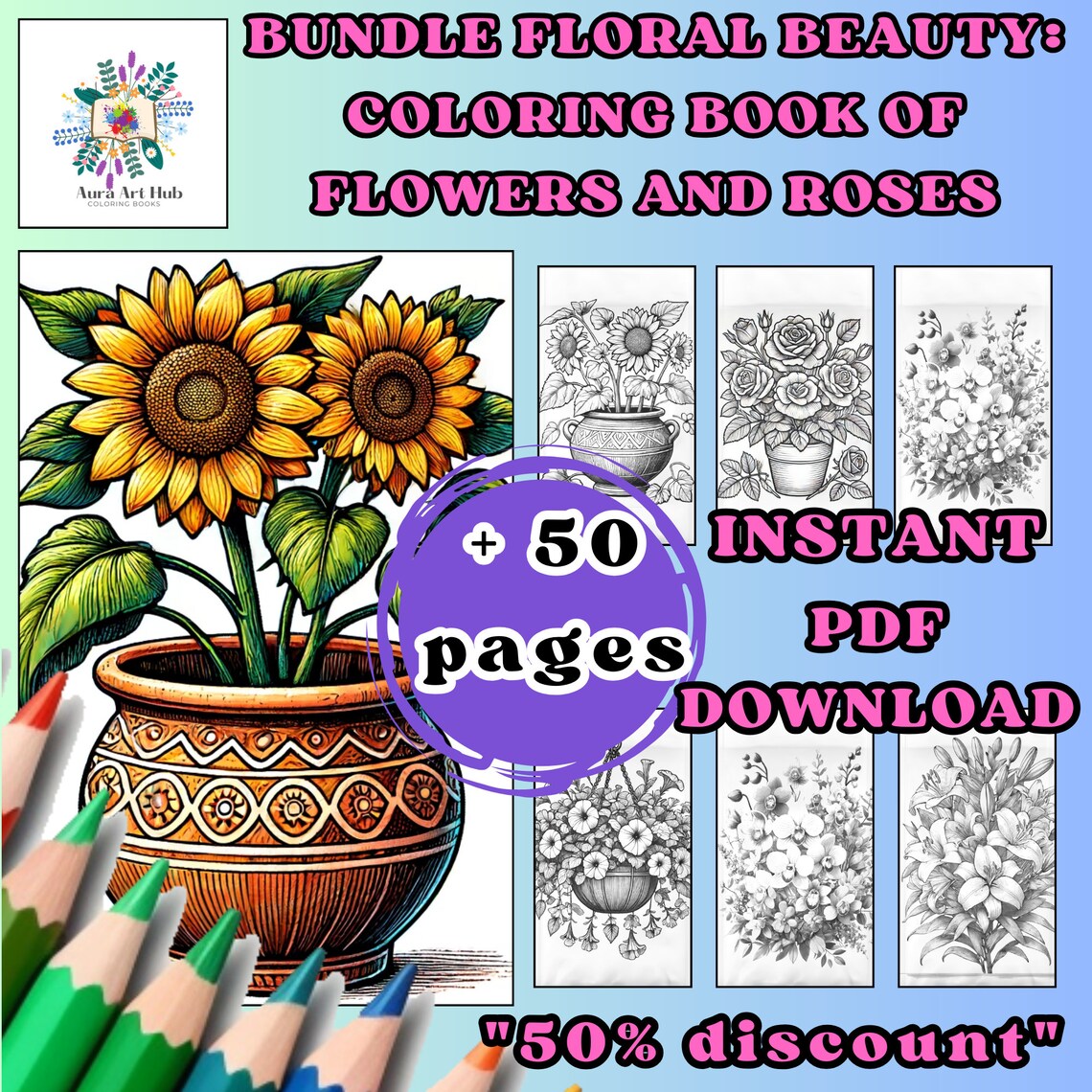 Bundle 50 Floral Beauty Coloring Page, Adults Coloring, Cute Botanical ...