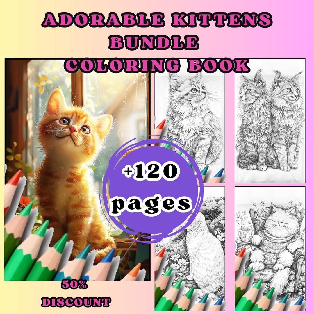 Bundle 120 Charming Kittens Coloring Page, Cute for Kids Coloring ...
