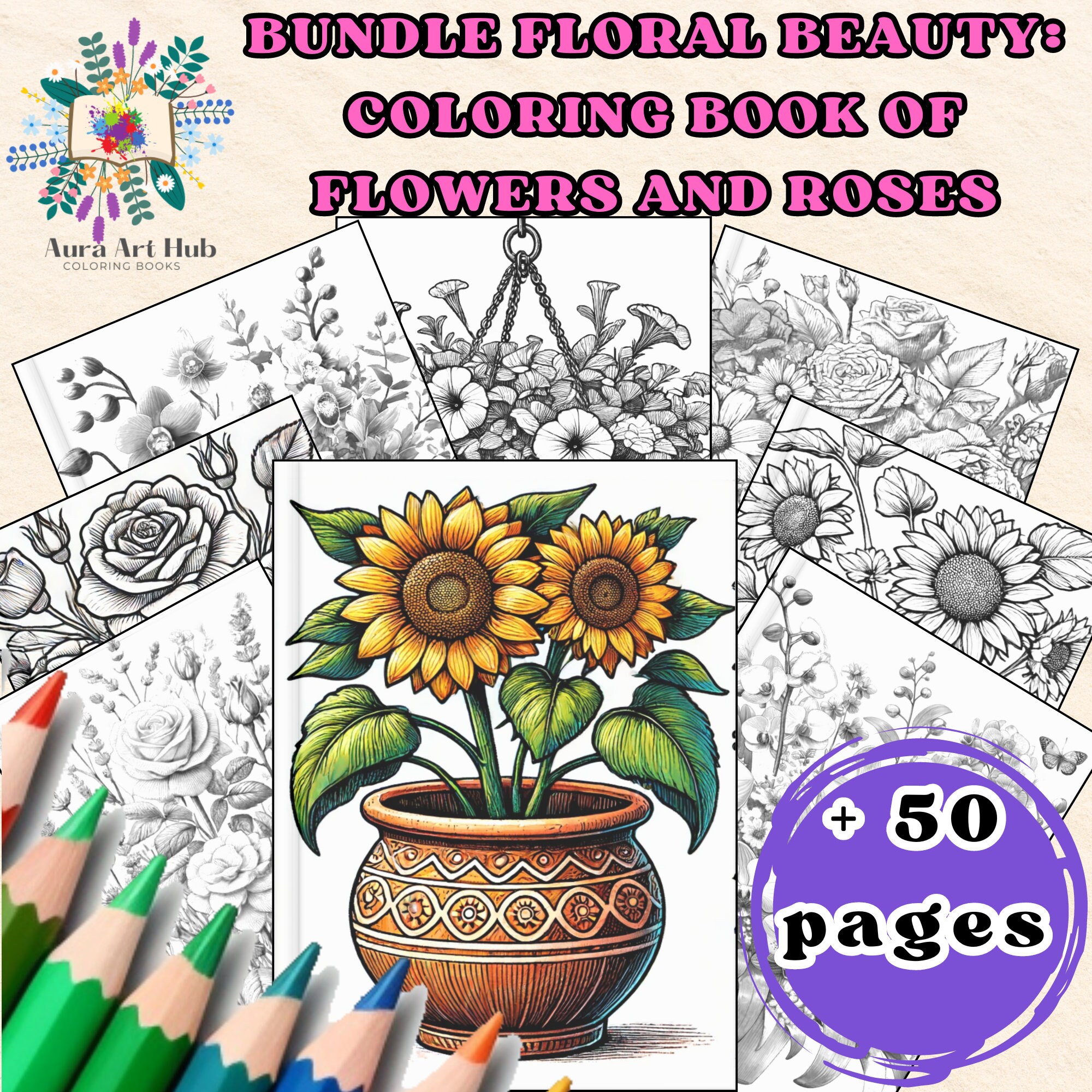 Bundle 50 Floral Beauty Coloring Page, Adults Coloring, Cute Botanical ...