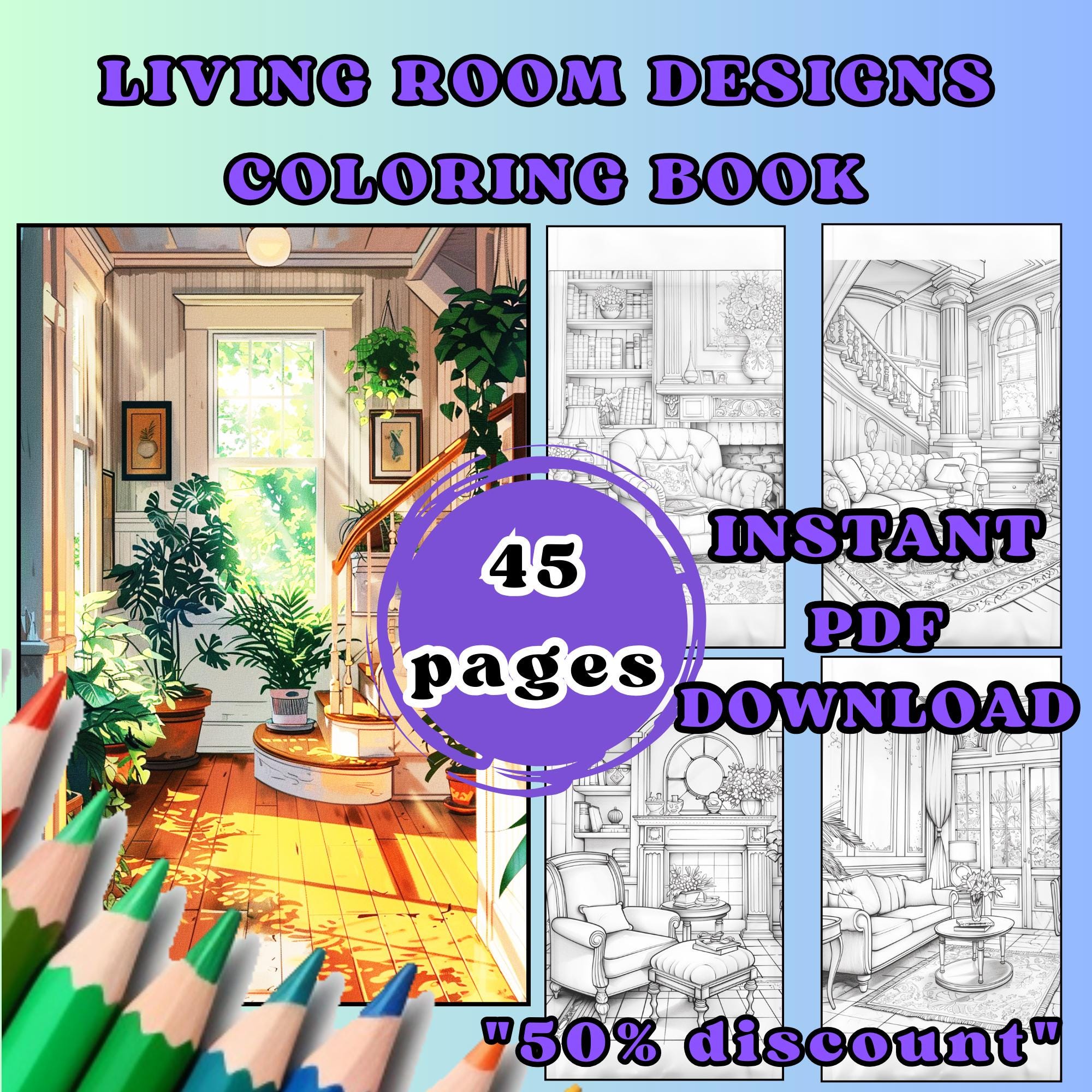 45 Living Room Coloring Page, Modern Interior Design Coloring Page ...