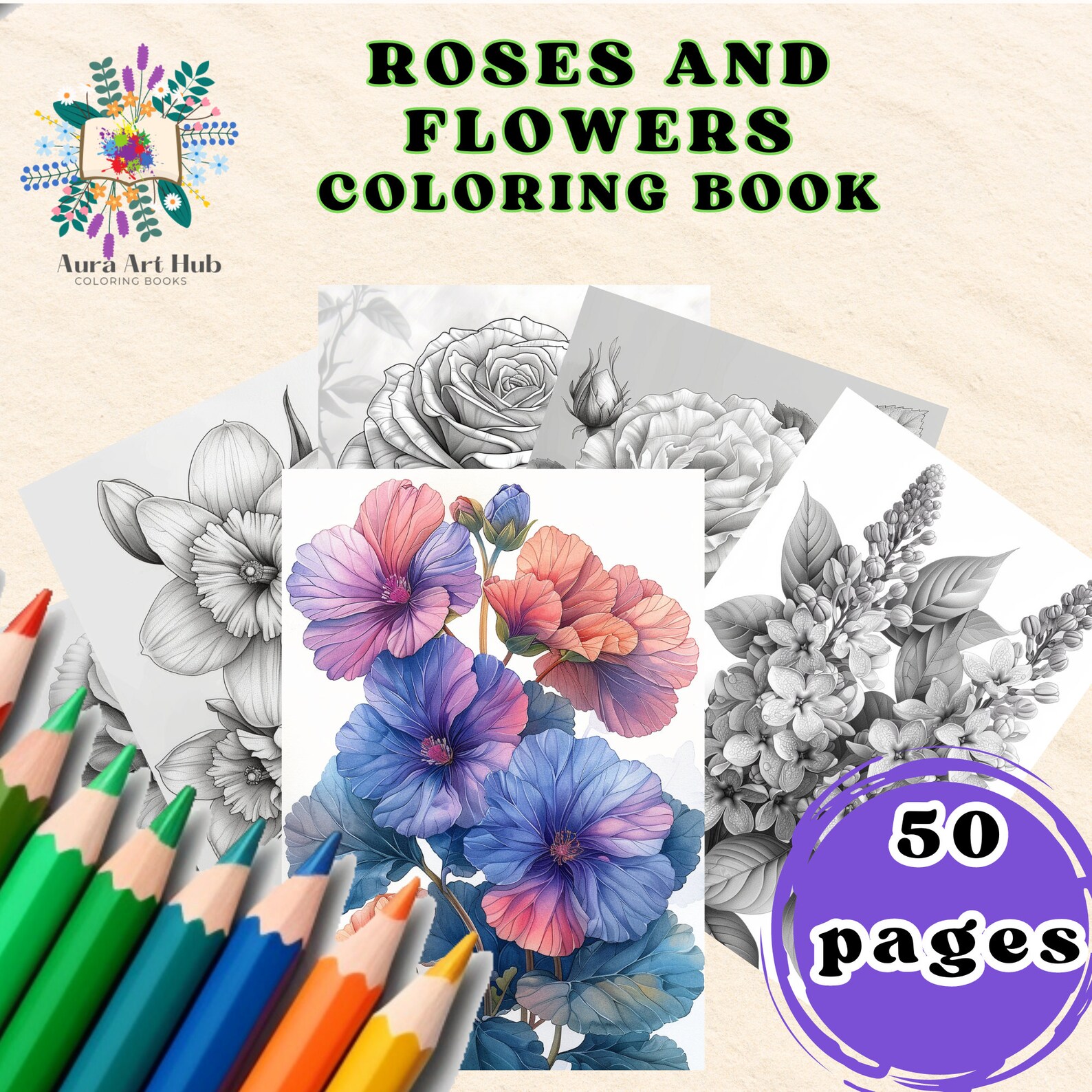 35 Roses and Flowers Coloring Page, Adults Coloring Pages, Cute ...