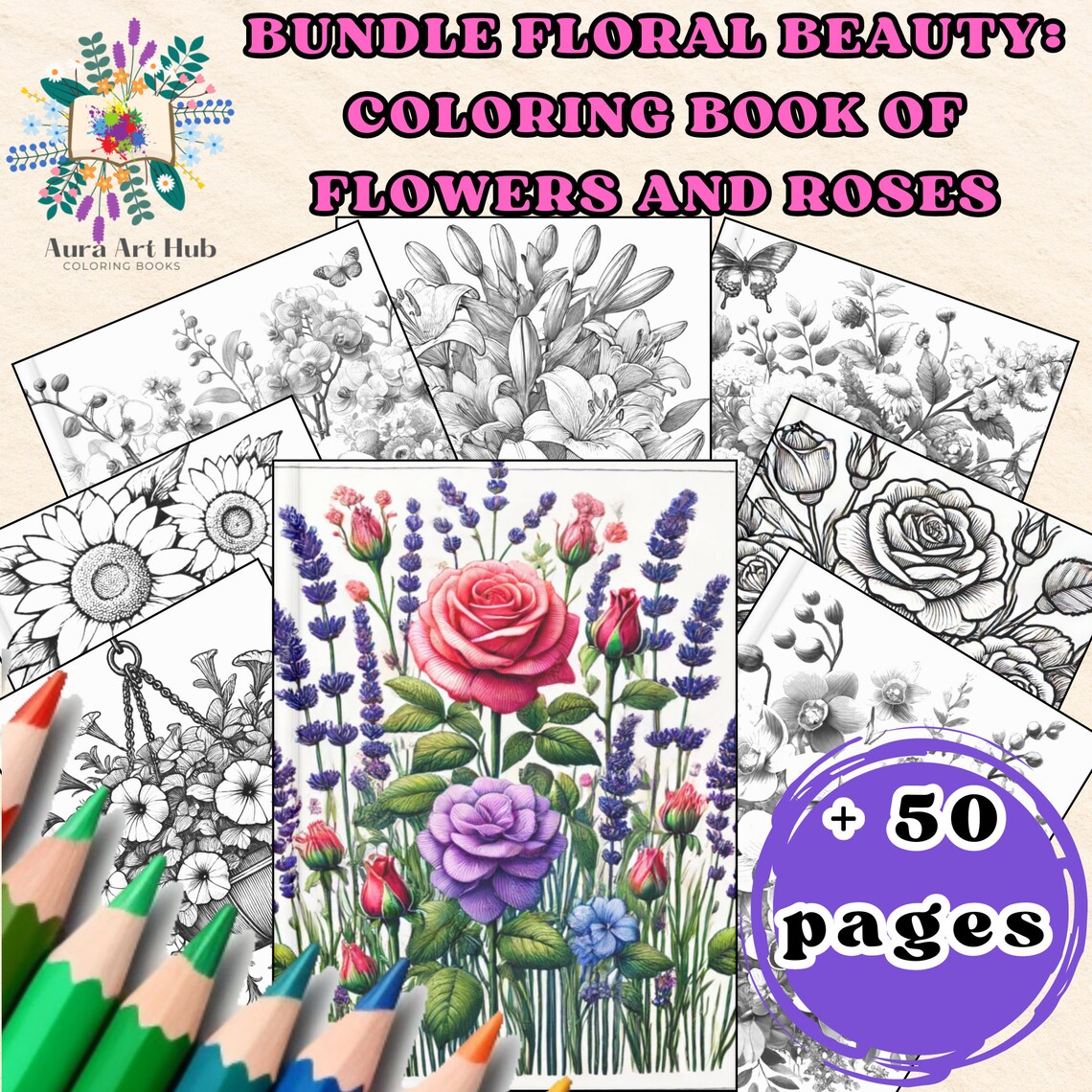 Bundle 50 Floral Beauty Coloring Page, Adults Coloring, Cute Botanical ...