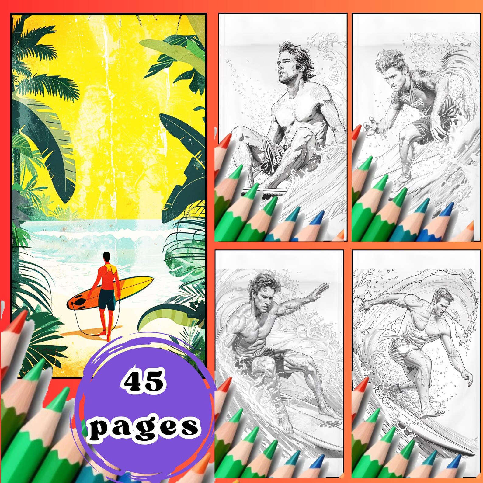 Surf Coloring Page, Adults Coloring Page, Sports Coloring Sheet ...