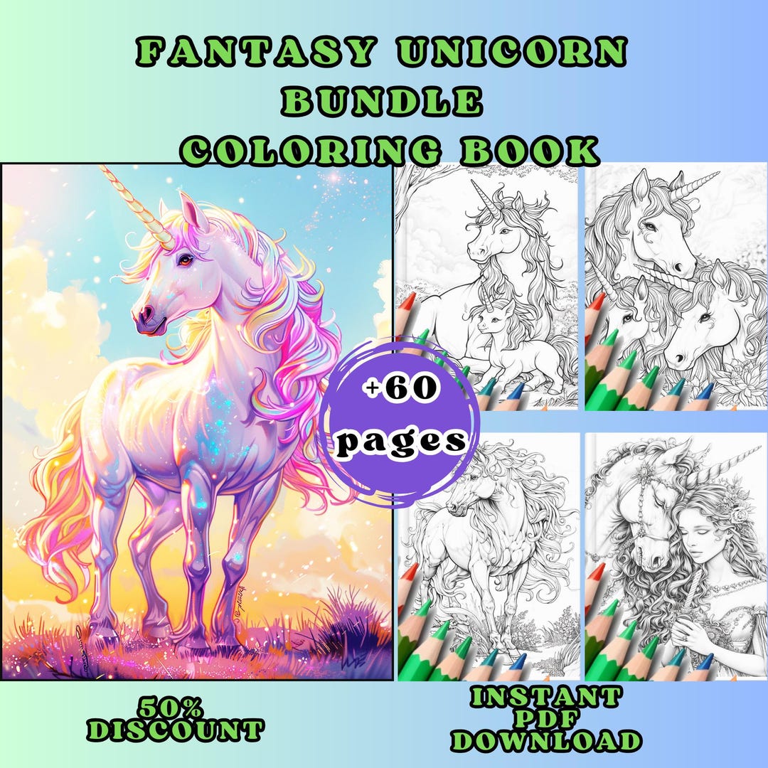 Bundle 60 Unicorns Coloring Pages, Simple Coloring Pages, Cute Animal ...