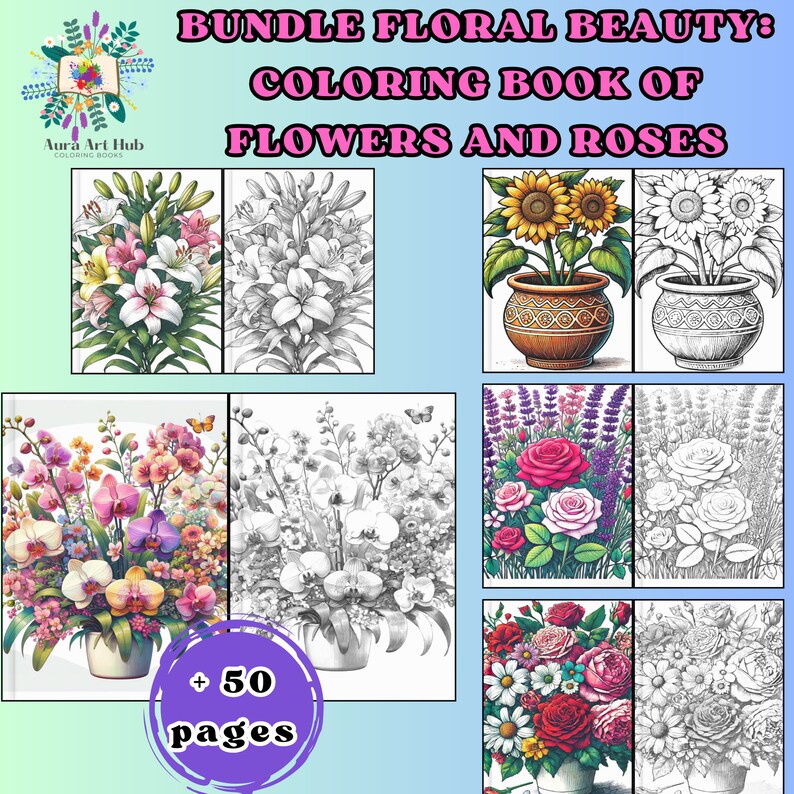 Bundle 50 Floral Beauty Coloring Page, Adults Coloring, Cute Botanical ...