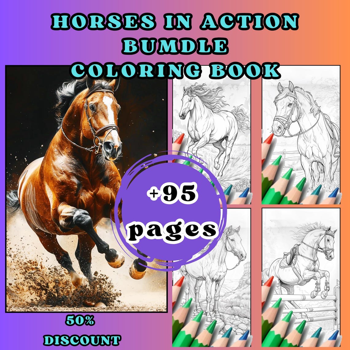 Bundle 95 Horses Coloring Page, Cute for Kids Coloring Sheets, Farm ...