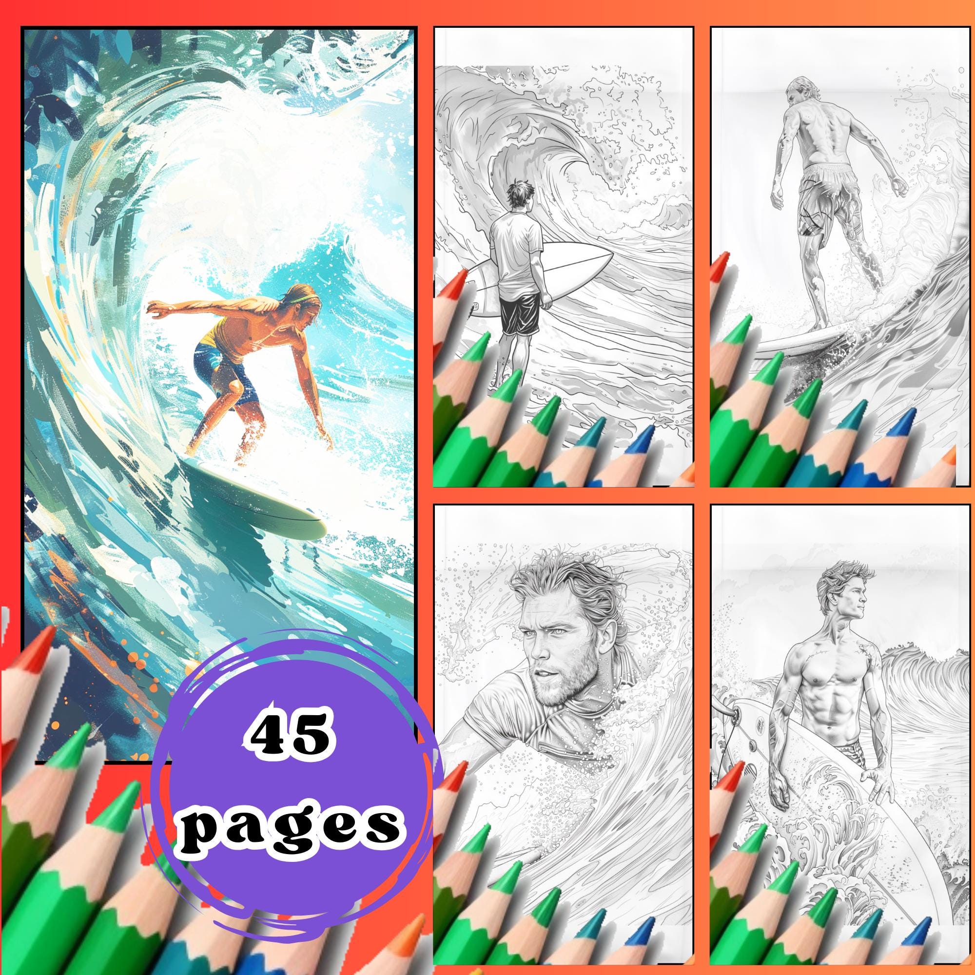 Surf Coloring Page, Adults Coloring Page, Sports Coloring Sheet ...