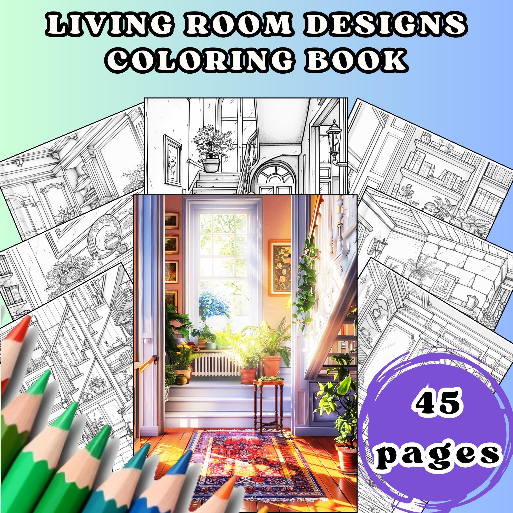 45 Living Room Coloring Page, Modern Interior Design Coloring Page ...