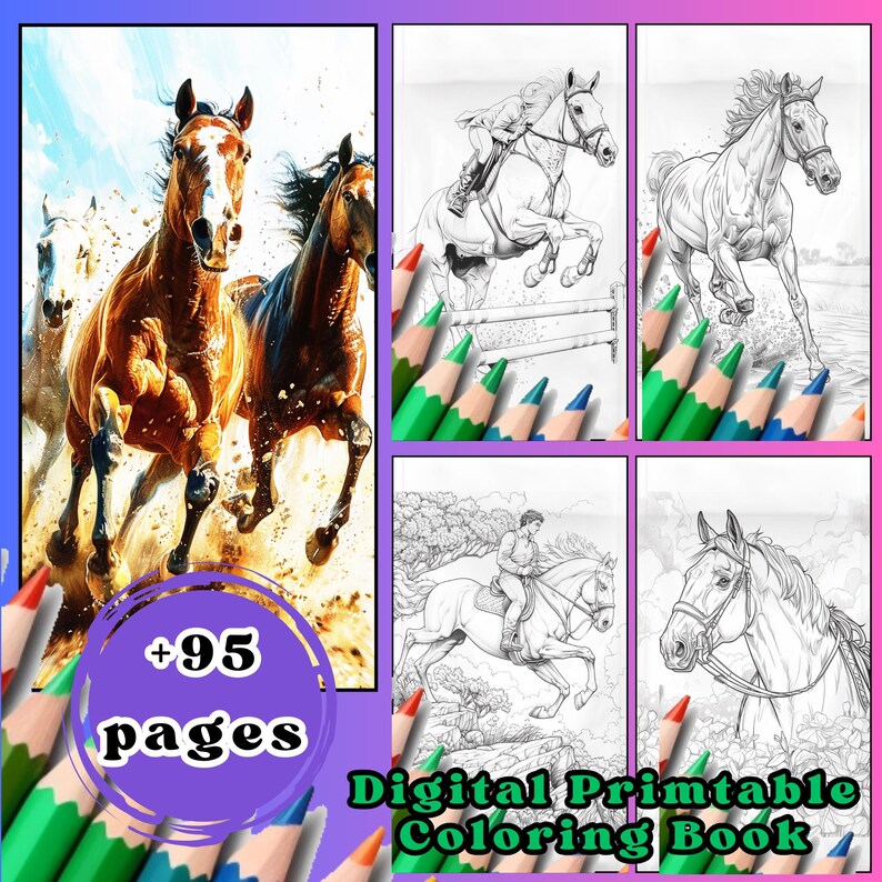Bundle 95 Horses Coloring Page, Cute for Kids Coloring Sheets, Farm ...