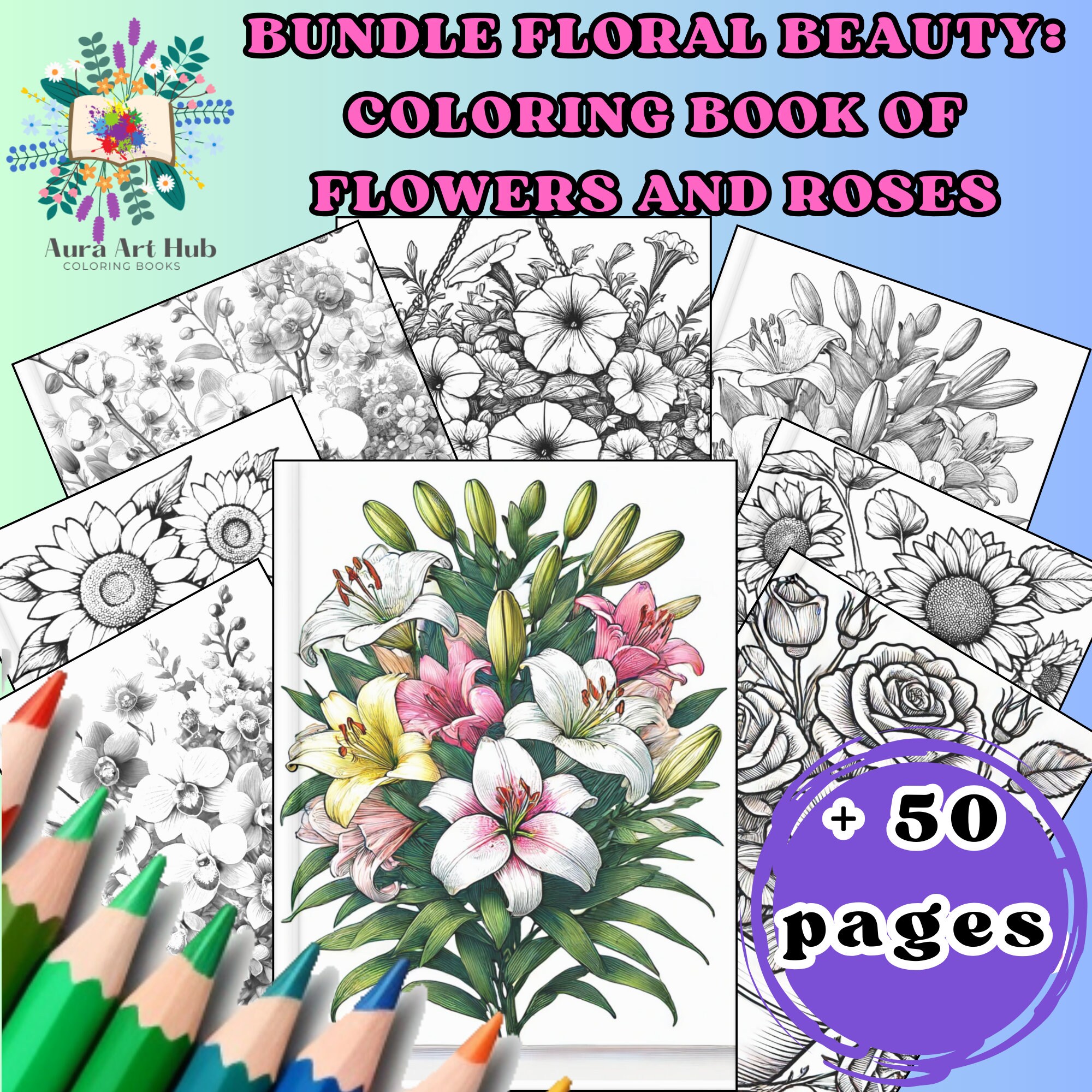 Bundle 50 Floral Beauty Coloring Page, Adults Coloring, Cute Botanical ...