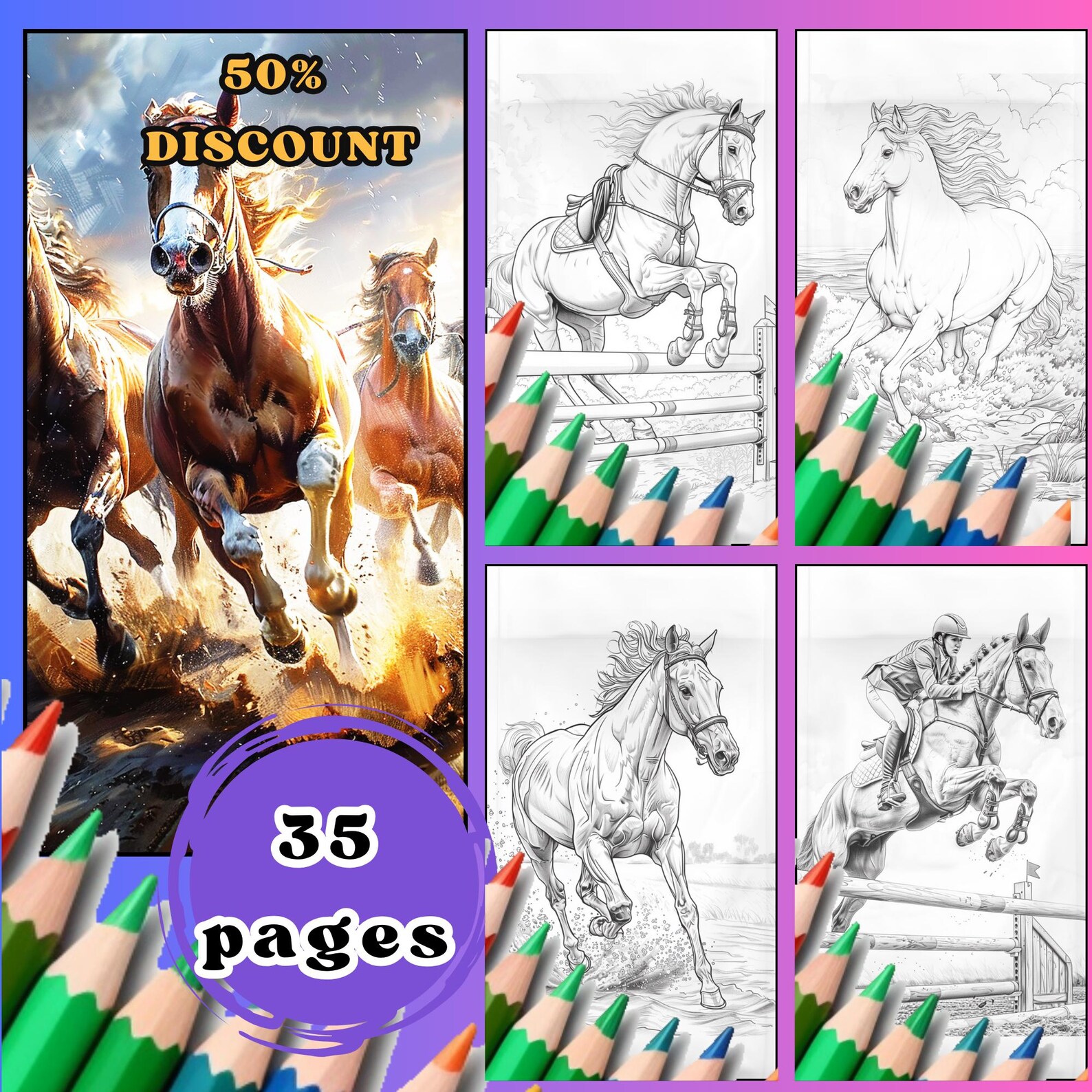 35 Horses Coloring Page, Cute for Kids Coloring Sheets, Animal Coloring ...