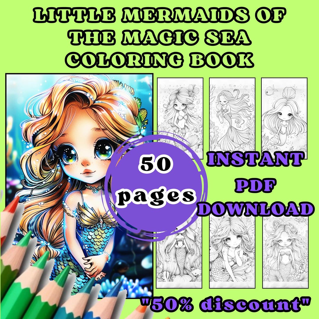 50 Little Mermaids Coloring Pages, Ocean Coloring Sheets, Fantasy ...