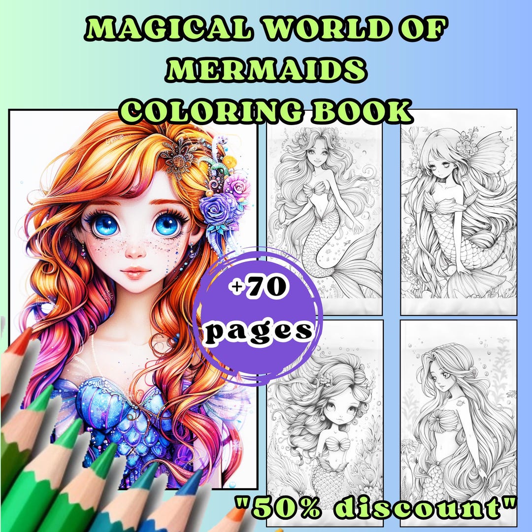 Bundle 70 Mermaids Coloring Page, Ocean Coloring Sheets, Fantasy ...