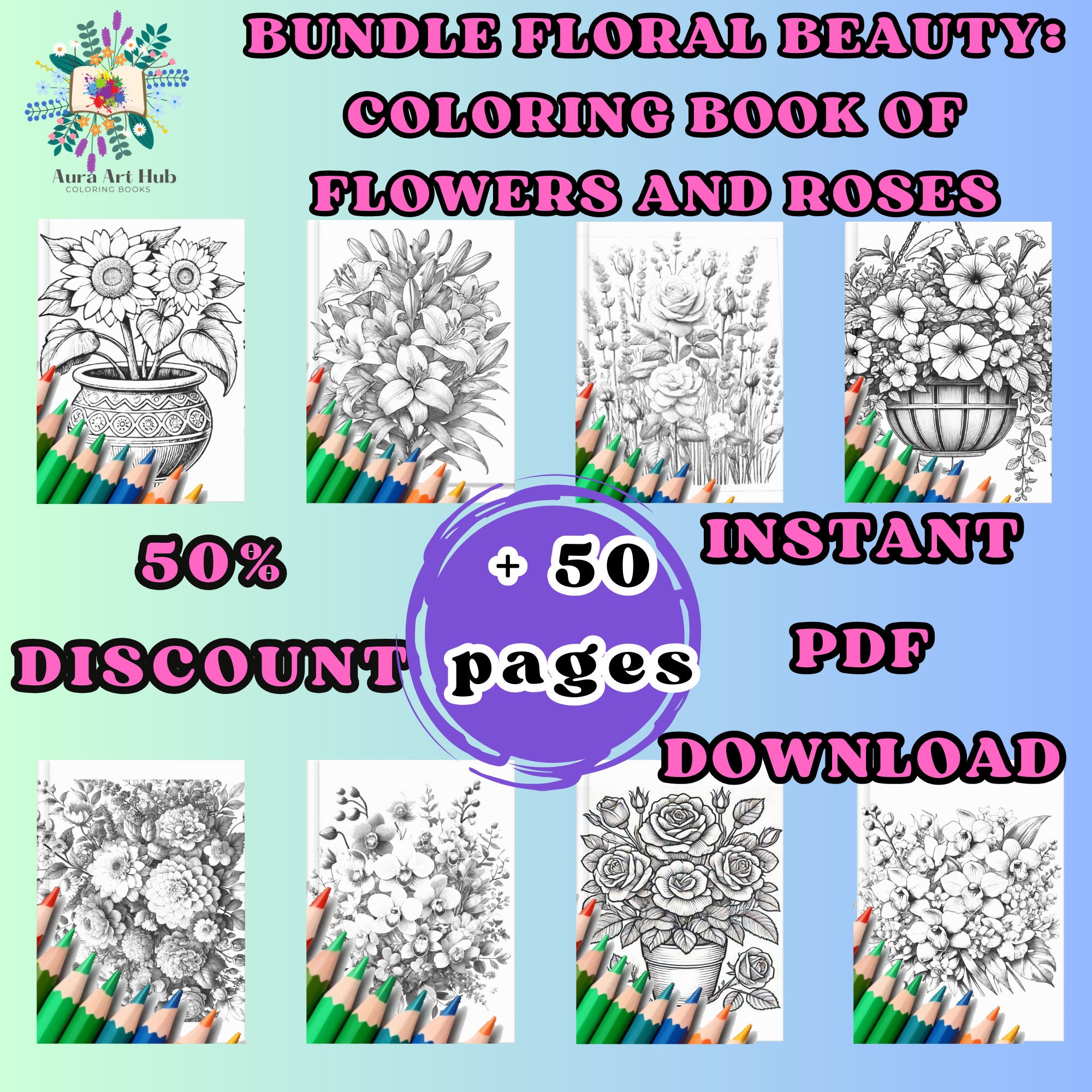 Bundle 50 Floral Beauty Coloring Page, Adults Coloring, Cute Botanical ...