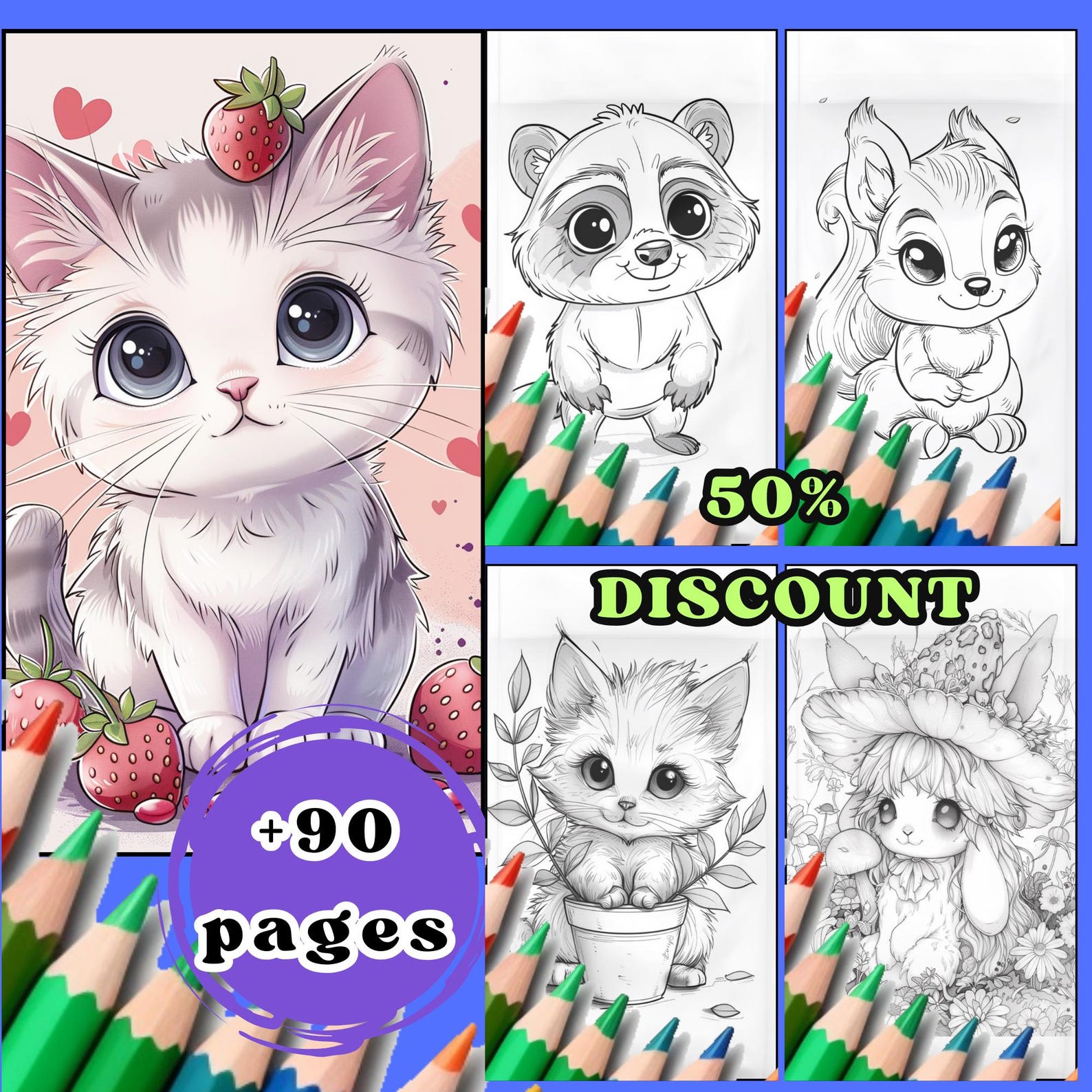 Bundle 90 Kawaii Animals Coloring Pages, Simple Coloring Pages, Kawaii ...