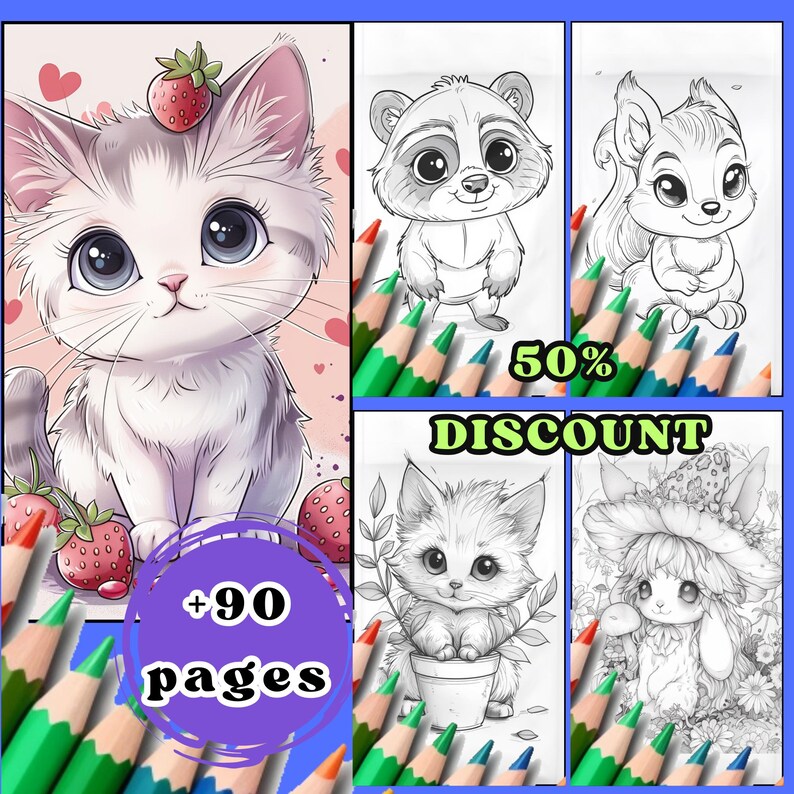 Bundle 90 Kawaii Animals Coloring Pages, Simple Coloring Pages, Kawaii ...