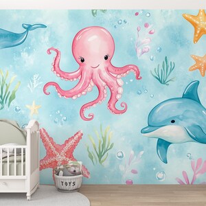 Cute Underwater Mural, Watercolor Octopus and Dolphins, Nursery Design ...