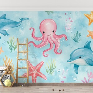 Cute Underwater Mural, Watercolor Octopus and Dolphins, Nursery Design ...