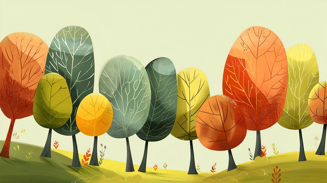 Colorful Trees Wall Mural, Watercolor Cartoon Style Forest Wallpaper ...