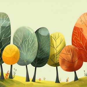 Colorful Trees Wall Mural, Watercolor Cartoon Style Forest Wallpaper ...