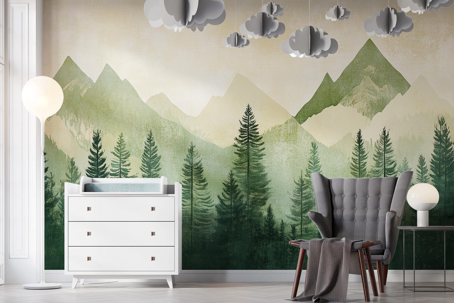 Sage Green and Cream Landscape Mural, Mountains and Forest, Minimalist ...