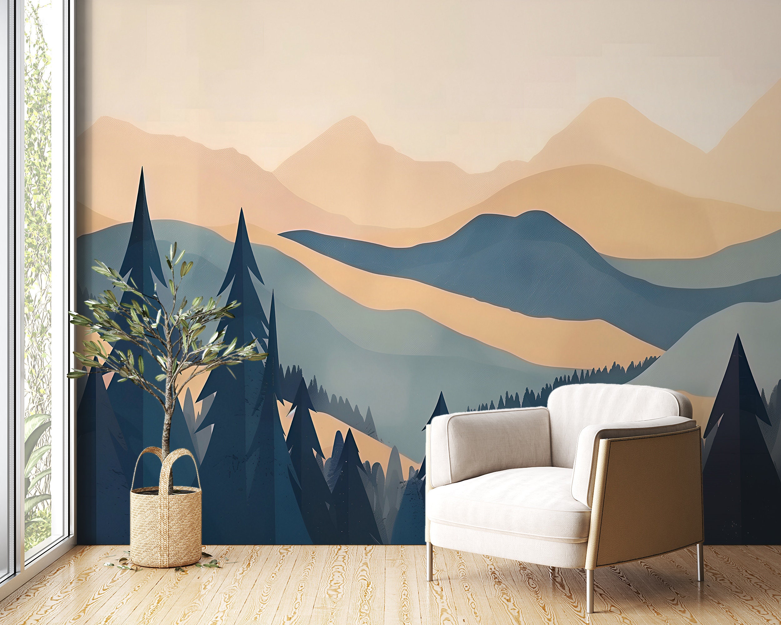 Boho Mountains and Forest Mural, Peel and Stick Landscape Mural, Beige ...