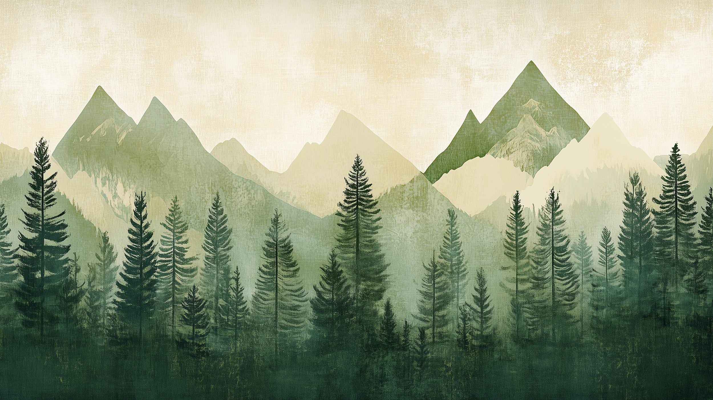 Sage Green and Cream Landscape Mural, Mountains and Forest, Minimalist ...