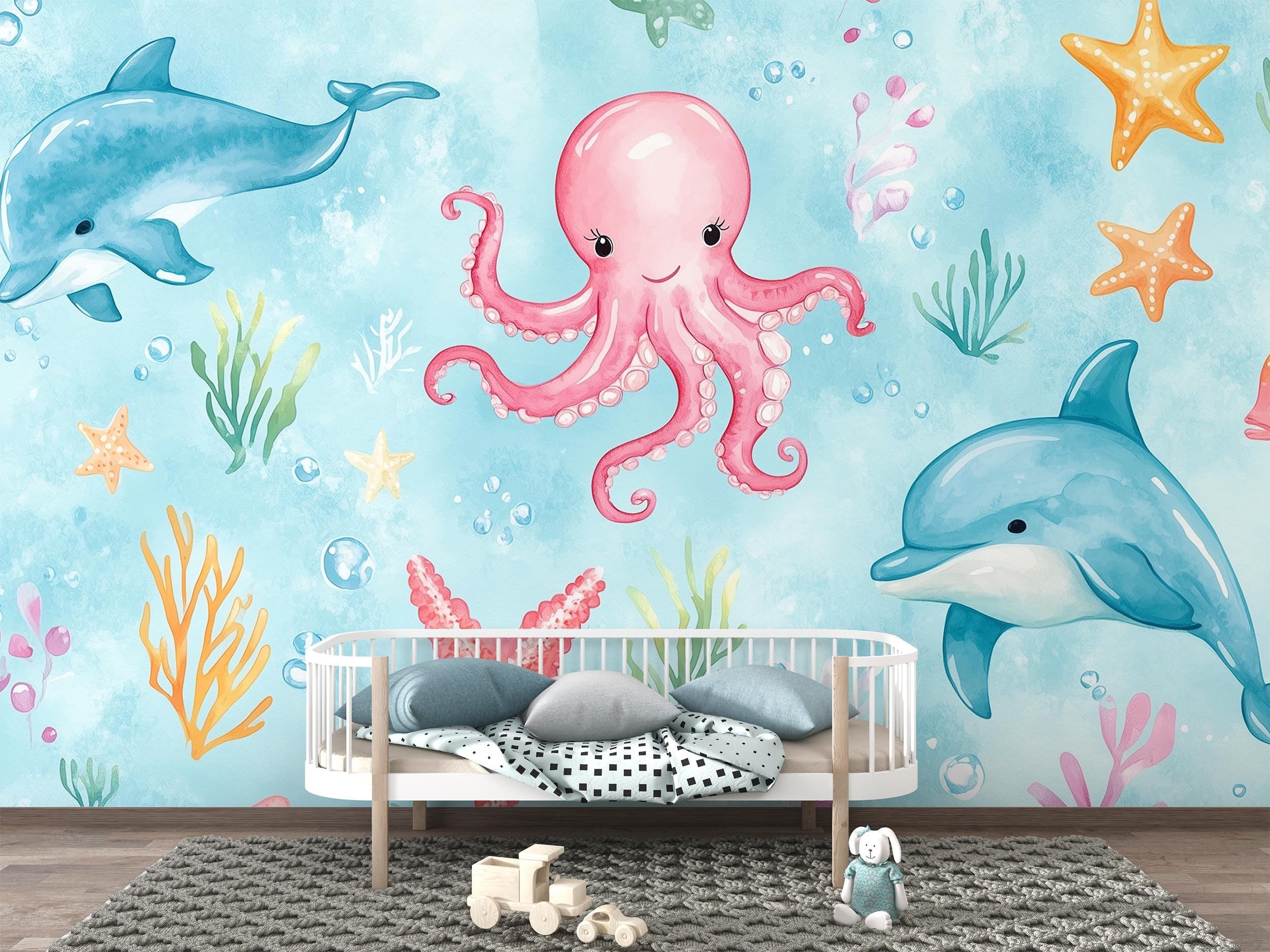 Cute Underwater Mural, Watercolor Octopus and Dolphins, Nursery Design ...