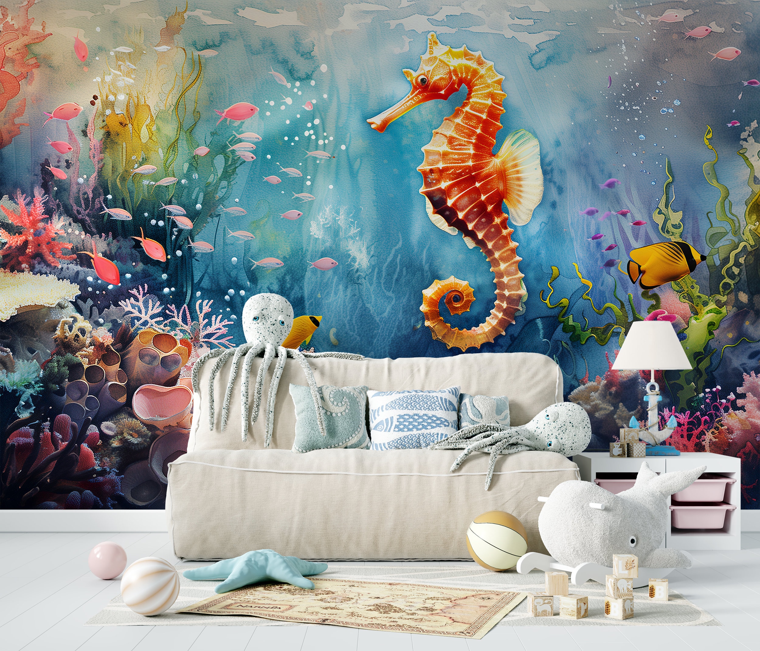 Vibrant Marine Life Wall Mural, Seahorse and Coral Reef Peel and Stick ...